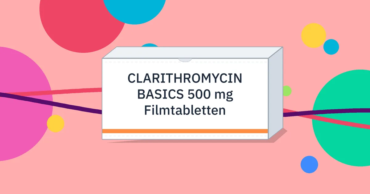 Symbolbild: Packung mit der Aufschrift CLARITHROMYCIN BASICS 500 mg Filmtabletten (PZN 05486527) – Verfügbarkeit und Bezug in Apotheken in Frankfurt am Main