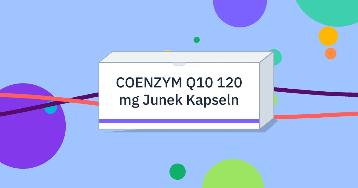 Symbolbild: Packung mit der Aufschrift COENZYM Q10 120 mg Junek Kapseln (PZN 09720055) – Verfügbarkeit und Bezug in Apotheken in Frankfurt am Main