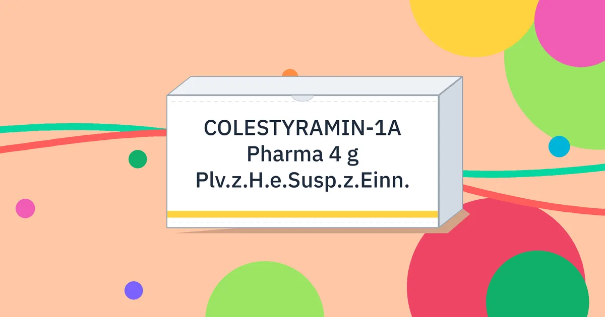 Symbolbild: Packung mit der Aufschrift COLESTYRAMIN-1A Pharma 4 g Plv.z.H.e.Susp.z.Einn. (PZN 14386061) – Verfügbarkeit und Bezug in Apotheken in Frankfurt am Main