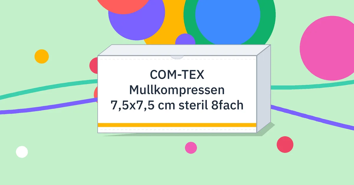 Symbolbild: Packung mit der Aufschrift COM-TEX Mullkompressen 7,5x7,5 cm steril 8fach (PZN 17150896) – Verfügbarkeit und Bezug in Apotheken in Frankfurt am Main