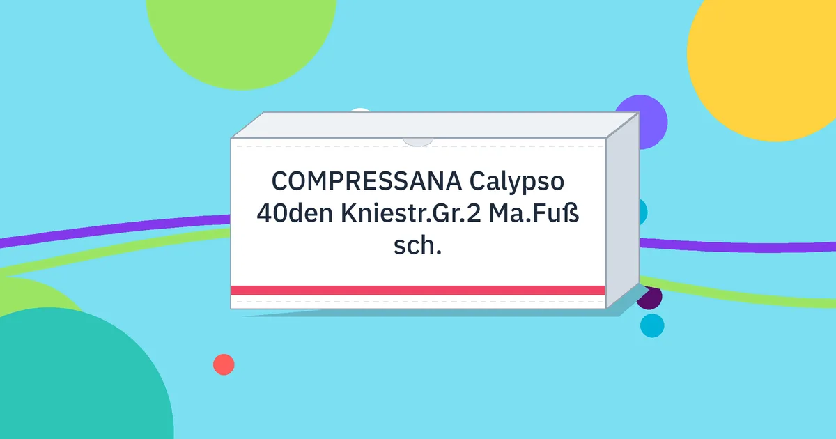 Symbolbild: Packung mit der Aufschrift COMPRESSANA Calypso 40den Kniestr.Gr.2 Ma.Fuß sch. (PZN 01880204) – Verfügbarkeit und Bezug in Apotheken in Frankfurt am Main