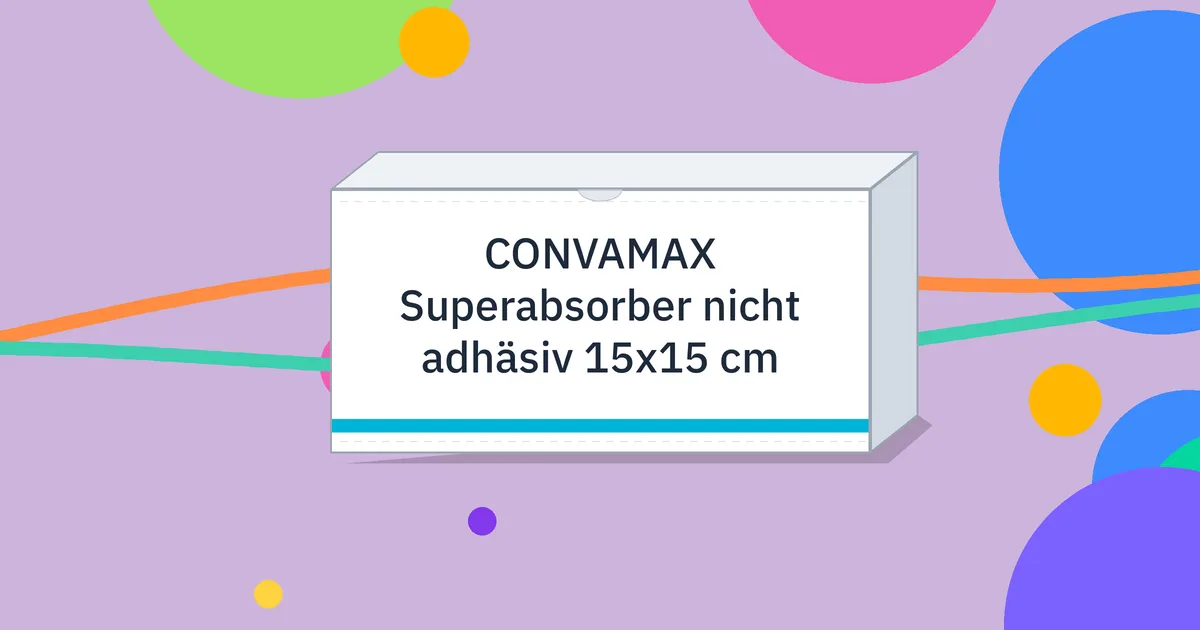 Symbolbild: Packung mit der Aufschrift CONVAMAX Superabsorber nicht adhäsiv 15x15 cm (PZN 19261252) – Verfügbarkeit und Bezug in Apotheken in Frankfurt am Main