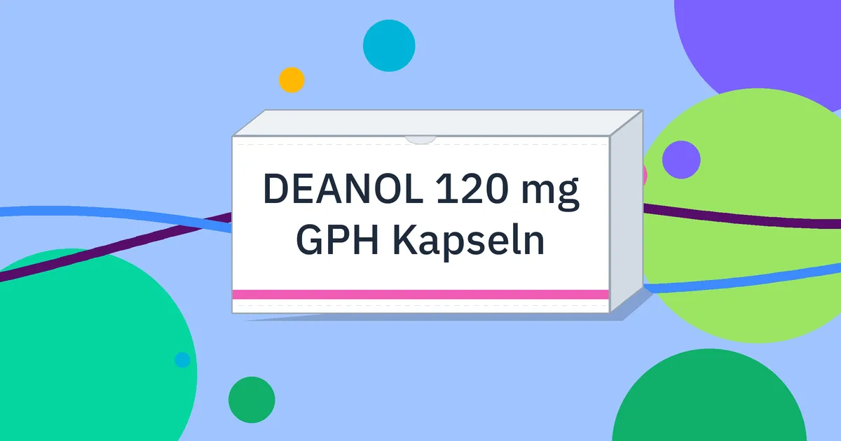 Symbolbild: Packung mit der Aufschrift DEANOL 120 mg GPH Kapseln (PZN 10977345) – Verfügbarkeit und Bezug in Apotheken in Frankfurt am Main