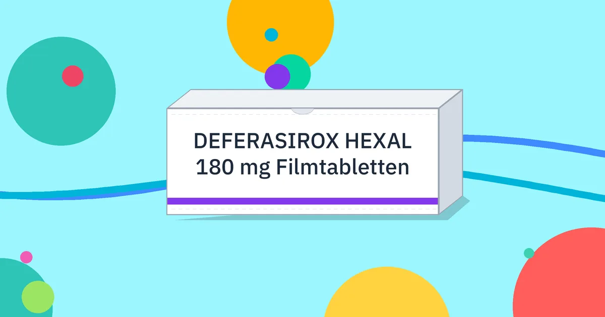 Symbolbild: Packung mit der Aufschrift DEFERASIROX HEXAL 180 mg Filmtabletten (PZN 17617584) – Verfügbarkeit und Bezug in Apotheken in Frankfurt am Main