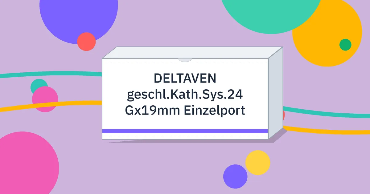Symbolbild: Packung mit der Aufschrift DELTAVEN geschl.Kath.Sys.24 Gx19mm Einzelport (PZN 13977417) – Verfügbarkeit und Bezug in Apotheken in Frankfurt am Main
