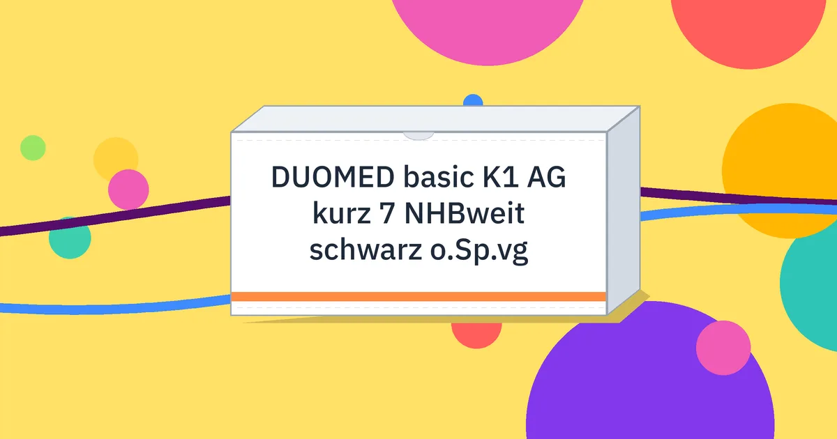 Symbolbild: Packung mit der Aufschrift DUOMED basic K1 AG kurz 7 NHBweit schwarz o.Sp.vg (PZN 20905128) – Verfügbarkeit und Bezug in Apotheken in Frankfurt am Main