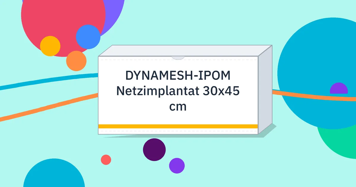 Symbolbild: Packung mit der Aufschrift DYNAMESH-IPOM Netzimplantat 30x45 cm (PZN 09425416) – Verfügbarkeit und Bezug in Apotheken in Frankfurt am Main