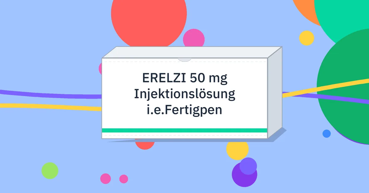 Symbolbild: Packung mit der Aufschrift ERELZI 50 mg Injektionslösung i.e.Fertigpen (PZN 17924659) – Verfügbarkeit und Bezug in Apotheken in Frankfurt am Main