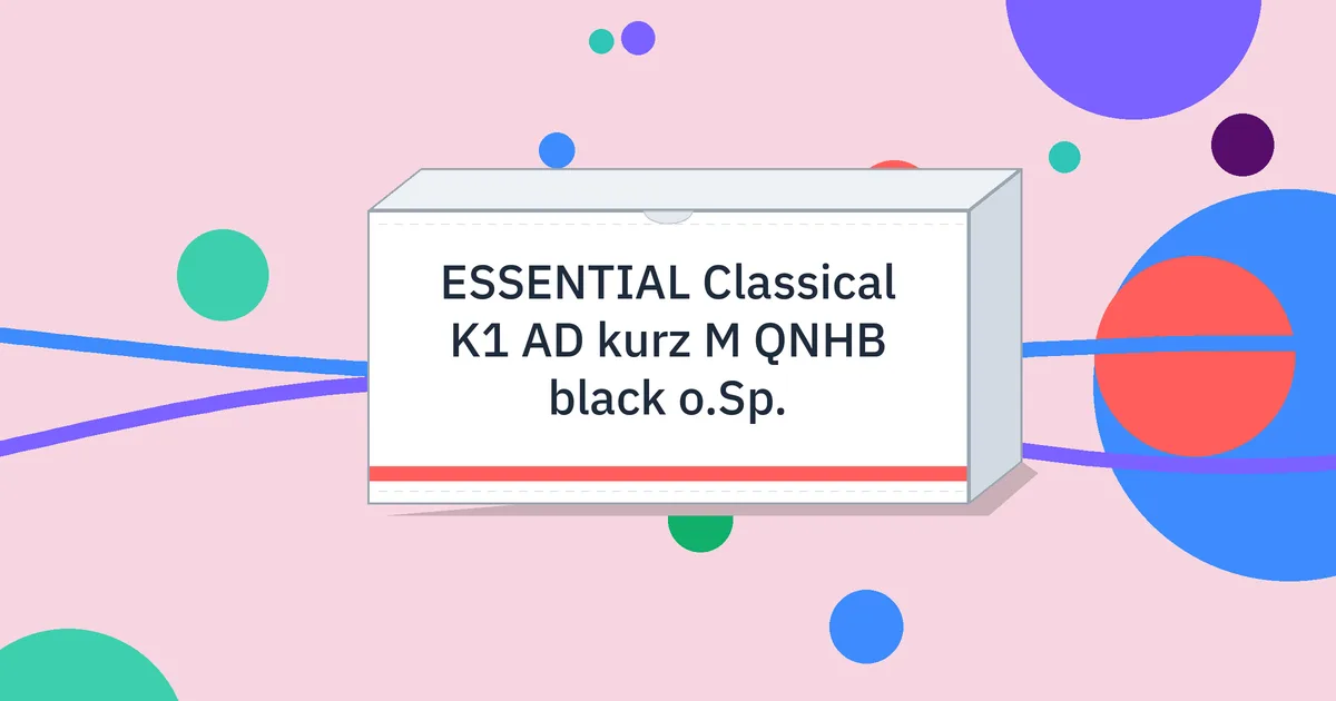Symbolbild: Packung mit der Aufschrift ESSENTIAL Classical K1 AD kurz M QNHB black o.Sp. (PZN 18866071) – Verfügbarkeit und Bezug in Apotheken in Frankfurt am Main