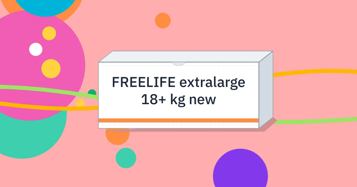 Symbolbild: Packung mit der Aufschrift FREELIFE extralarge 18+ kg new (PZN 16734170) – Verfügbarkeit und Bezug in Apotheken in Frankfurt am Main