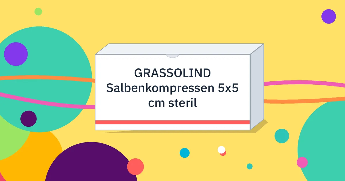 Symbolbild: Packung mit der Aufschrift GRASSOLIND Salbenkompressen 5x5 cm steril (PZN 20420170) – Verfügbarkeit und Bezug in Apotheken in Frankfurt am Main