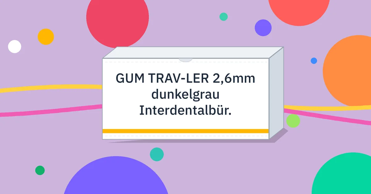 Symbolbild: Packung mit der Aufschrift GUM TRAV-LER 2,6mm dunkelgrau Interdentalbür. (PZN 16333293) – Verfügbarkeit und Bezug in Apotheken in Frankfurt am Main