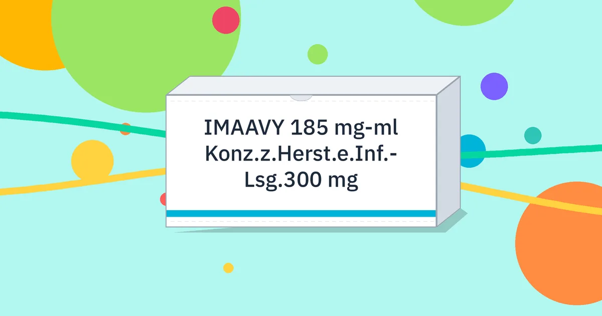 Symbolbild: Packung mit der Aufschrift IMAAVY 185 mg-ml Konz.z.Herst.e.Inf.-Lsg.300 mg (PZN 19752636) – Verfügbarkeit und Bezug in Apotheken in Frankfurt am Main