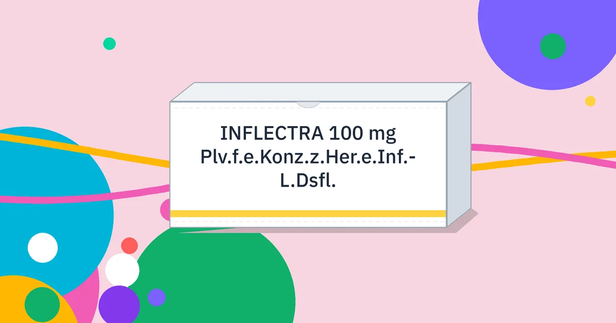 Symbolbild: Packung mit der Aufschrift INFLECTRA 100 mg Plv.f.e.Konz.z.Her.e.Inf.-L.Dsfl. (PZN 11174157) – Verfügbarkeit und Bezug in Apotheken in Frankfurt am Main