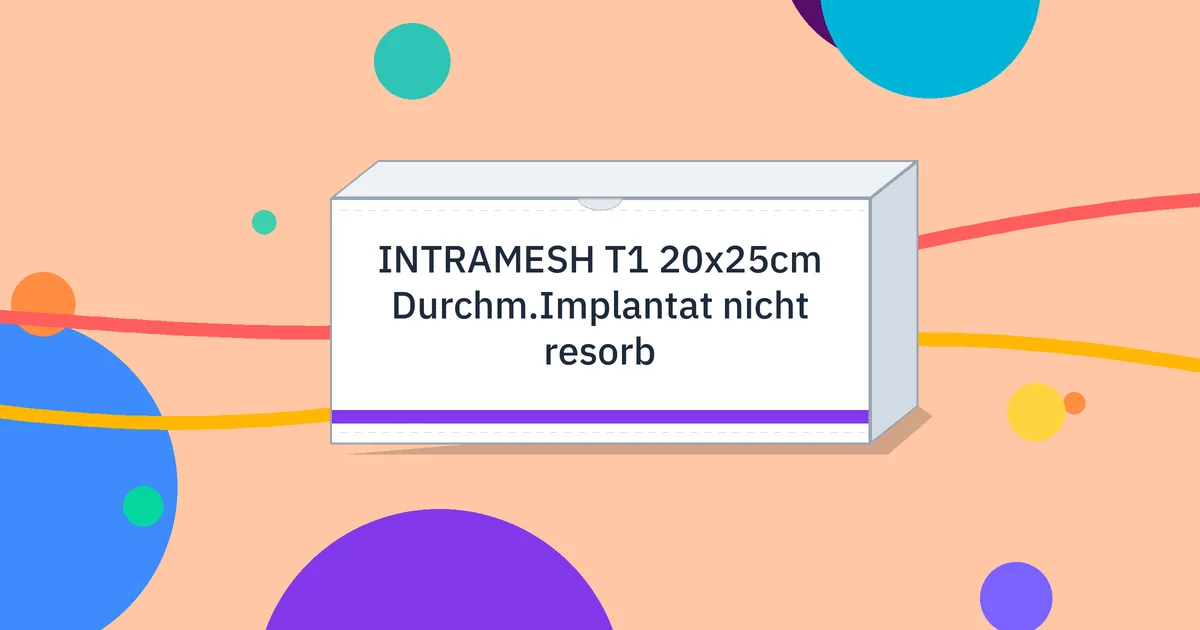 Symbolbild: Packung mit der Aufschrift INTRAMESH T1 20x25cm Durchm.Implantat nicht resorb (PZN 19505004) – Verfügbarkeit und Bezug in Apotheken in Frankfurt am Main