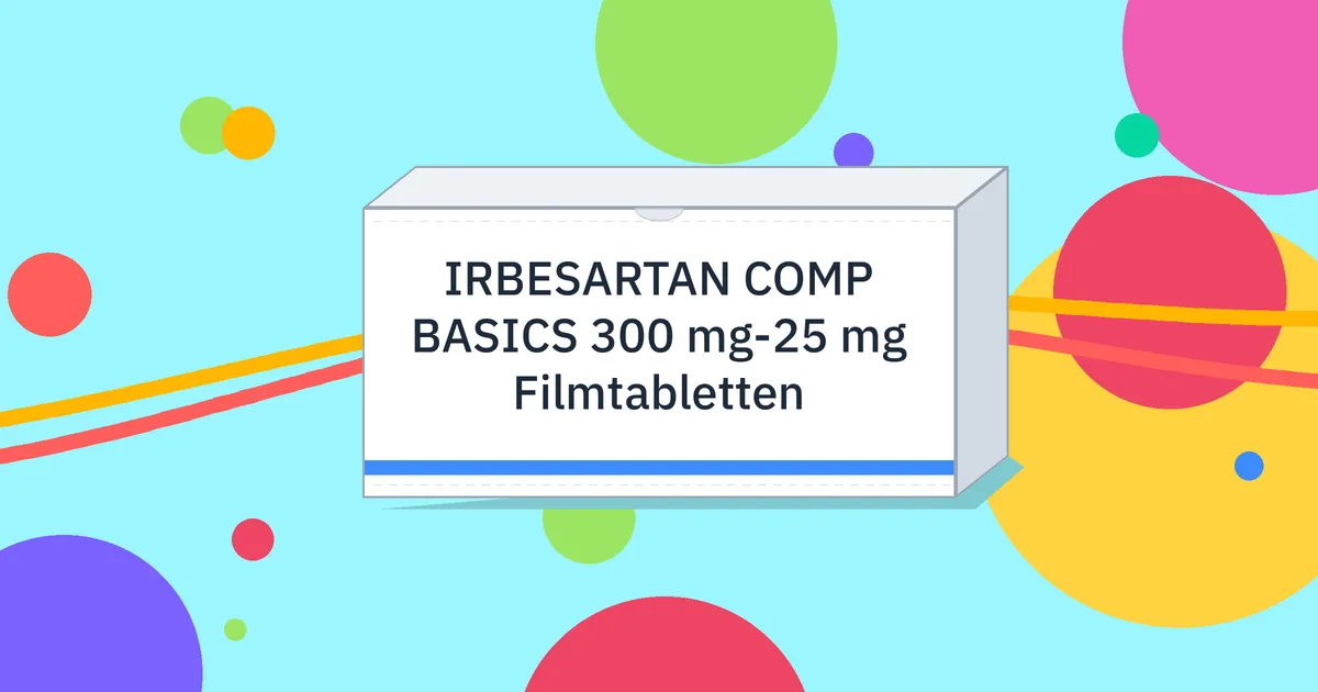 Symbolbild: Packung mit der Aufschrift IRBESARTAN COMP BASICS 300 mg-25 mg Filmtabletten (PZN 02460556) – Verfügbarkeit und Bezug in Apotheken in Frankfurt am Main