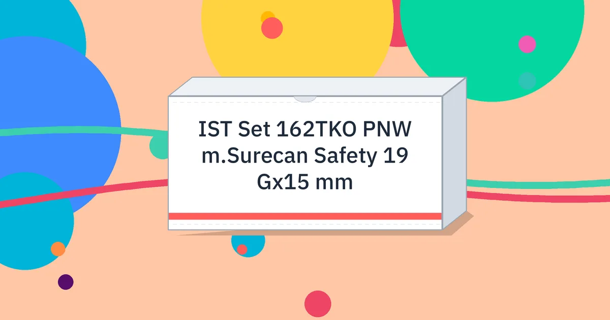 Symbolbild: Packung mit der Aufschrift IST Set 162TKO PNW m.Surecan Safety 19 Gx15 mm (PZN 13332867) – Verfügbarkeit und Bezug in Apotheken in Frankfurt am Main