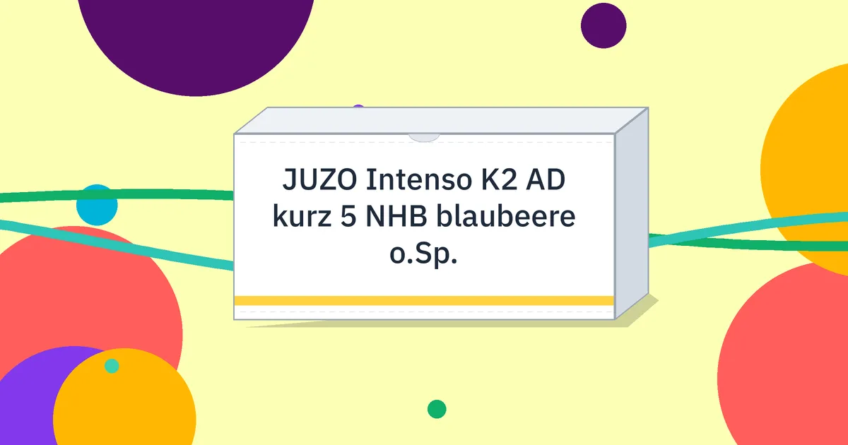Symbolbild: Packung mit der Aufschrift JUZO Intenso K2 AD kurz 5 NHB blaubeere o.Sp. (PZN 18621613) – Verfügbarkeit und Bezug in Apotheken in Frankfurt am Main
