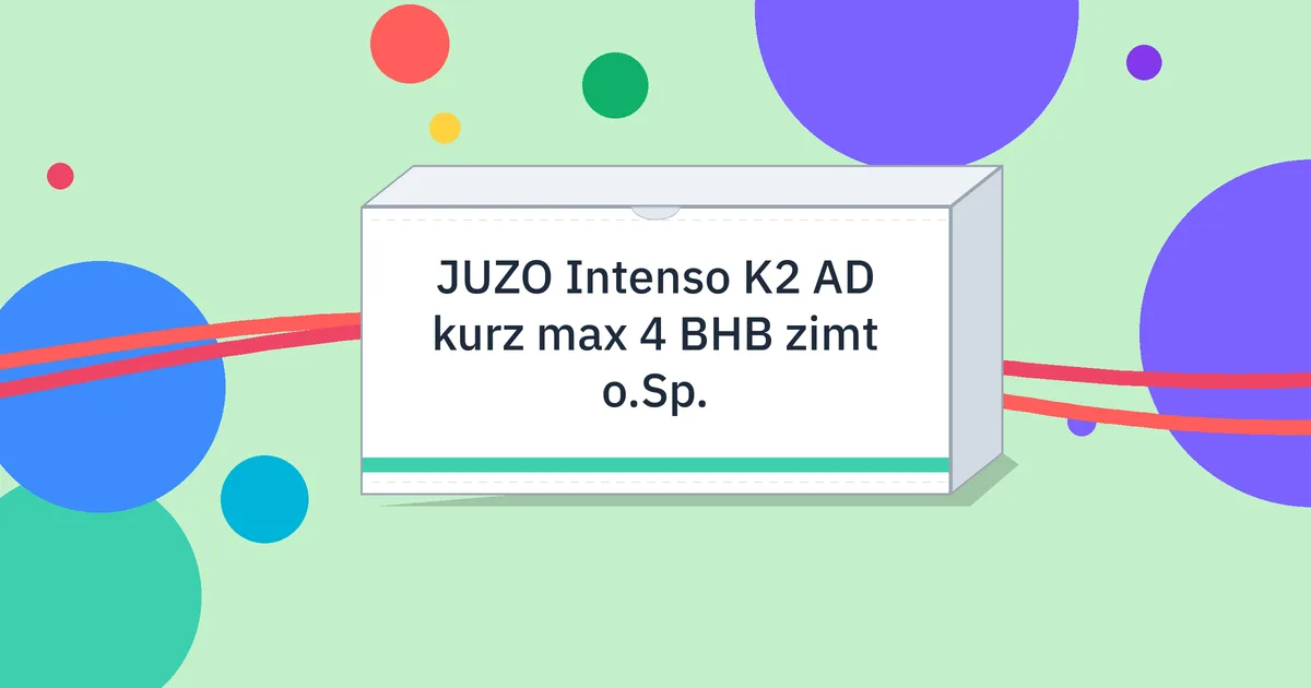 Symbolbild: Packung mit der Aufschrift JUZO Intenso K2 AD kurz max 4 BHB zimt o.Sp. (PZN 18626125) – Verfügbarkeit und Bezug in Apotheken in Frankfurt am Main