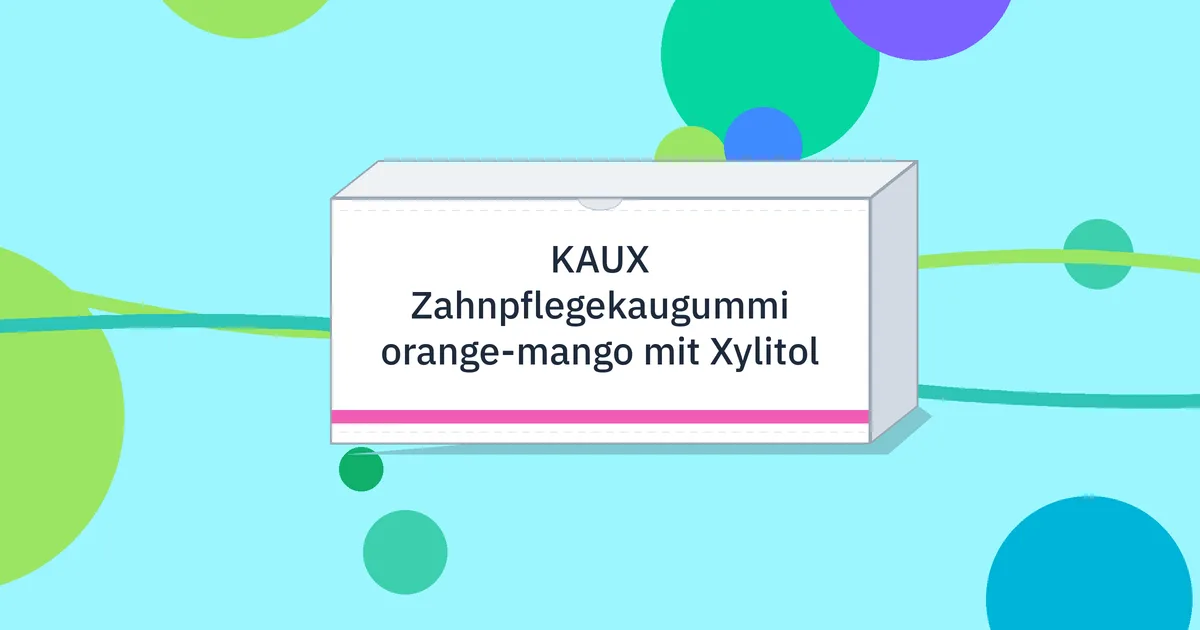 Symbolbild: Packung mit der Aufschrift KAUX Zahnpflegekaugummi orange-mango mit Xylitol (PZN 13716272) – Verfügbarkeit und Bezug in Apotheken in Frankfurt am Main
