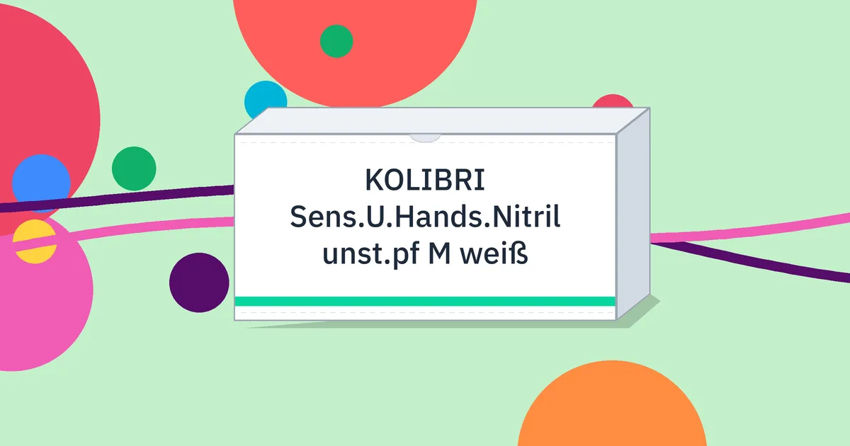 Symbolbild: Packung mit der Aufschrift KOLIBRI Sens.U.Hands.Nitril unst.pf M weiß (PZN 18891459) – Verfügbarkeit und Bezug in Apotheken in Frankfurt am Main