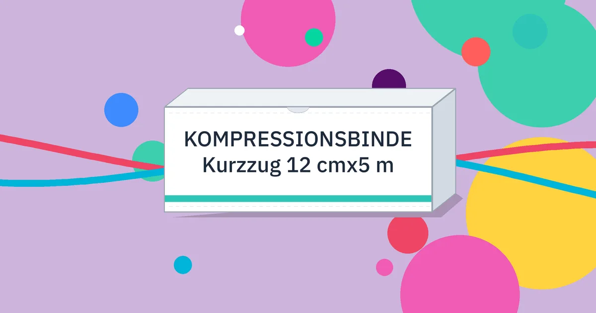 Symbolbild: Packung mit der Aufschrift KOMPRESSIONSBINDE Kurzzug 12 cmx5 m (PZN 07550850) – Verfügbarkeit und Bezug in Apotheken in Frankfurt am Main