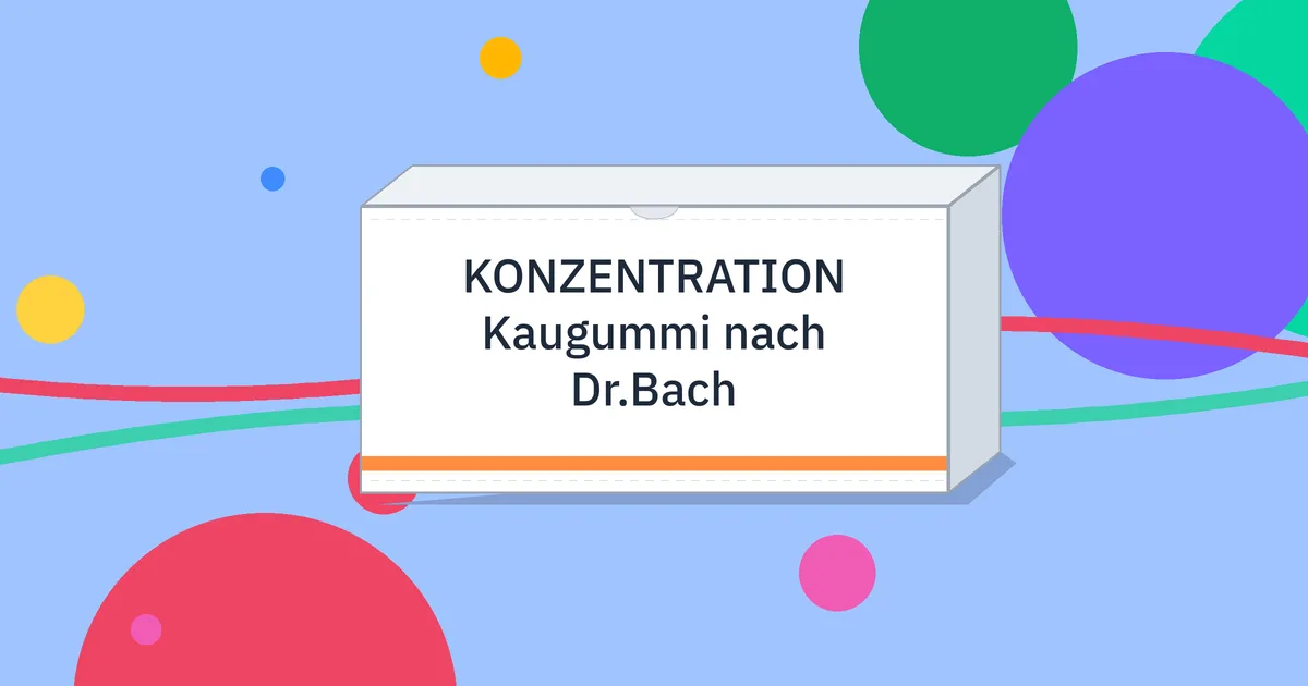 Symbolbild: Packung mit der Aufschrift KONZENTRATION Kaugummi nach Dr.Bach (PZN 03629655) – Verfügbarkeit und Bezug in Apotheken in Frankfurt am Main