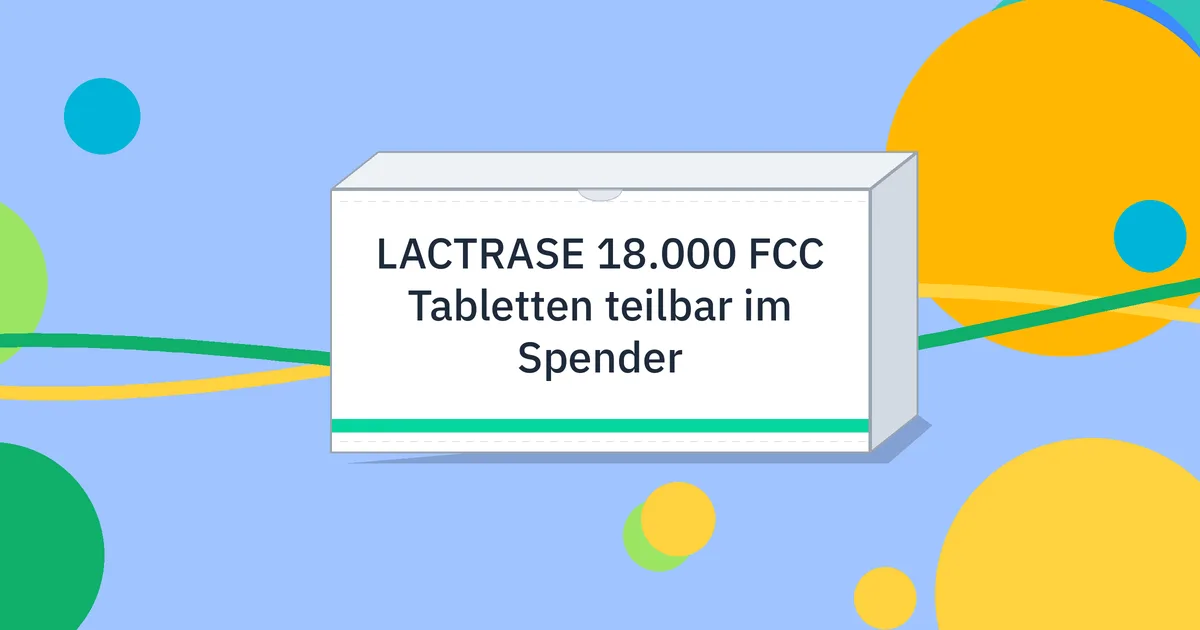 Symbolbild: Packung mit der Aufschrift LACTRASE 18.000 FCC Tabletten teilbar im Spender (PZN 11057747) – Verfügbarkeit und Bezug in Apotheken in Frankfurt am Main