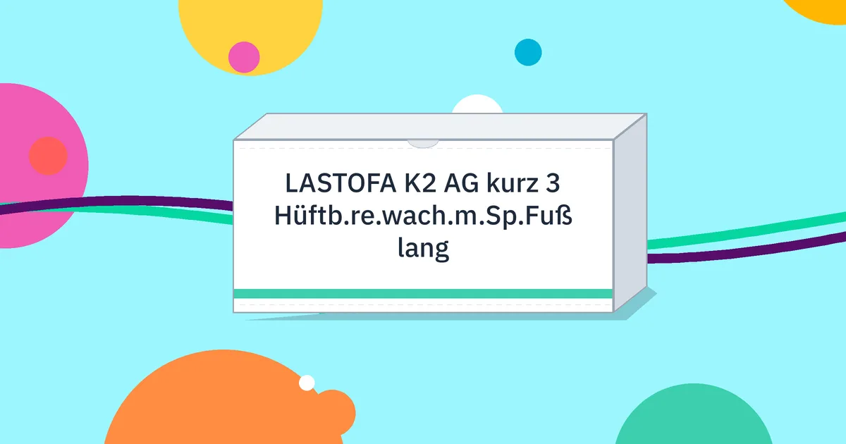 Symbolbild: Packung mit der Aufschrift LASTOFA K2 AG kurz 3 Hüftb.re.wach.m.Sp.Fuß lang (PZN 13811272) – Verfügbarkeit und Bezug in Apotheken in Frankfurt am Main