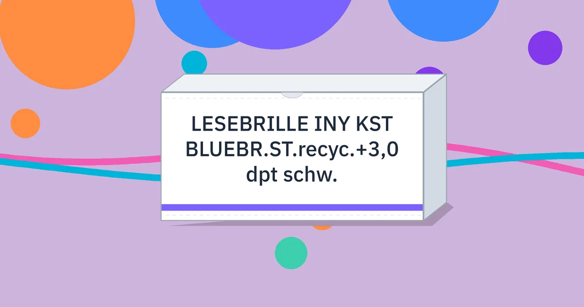 Symbolbild: Packung mit der Aufschrift LESEBRILLE INY KST BLUEBR.ST.recyc.+3,0 dpt schw. (PZN 19927998) – Verfügbarkeit und Bezug in Apotheken in Frankfurt am Main