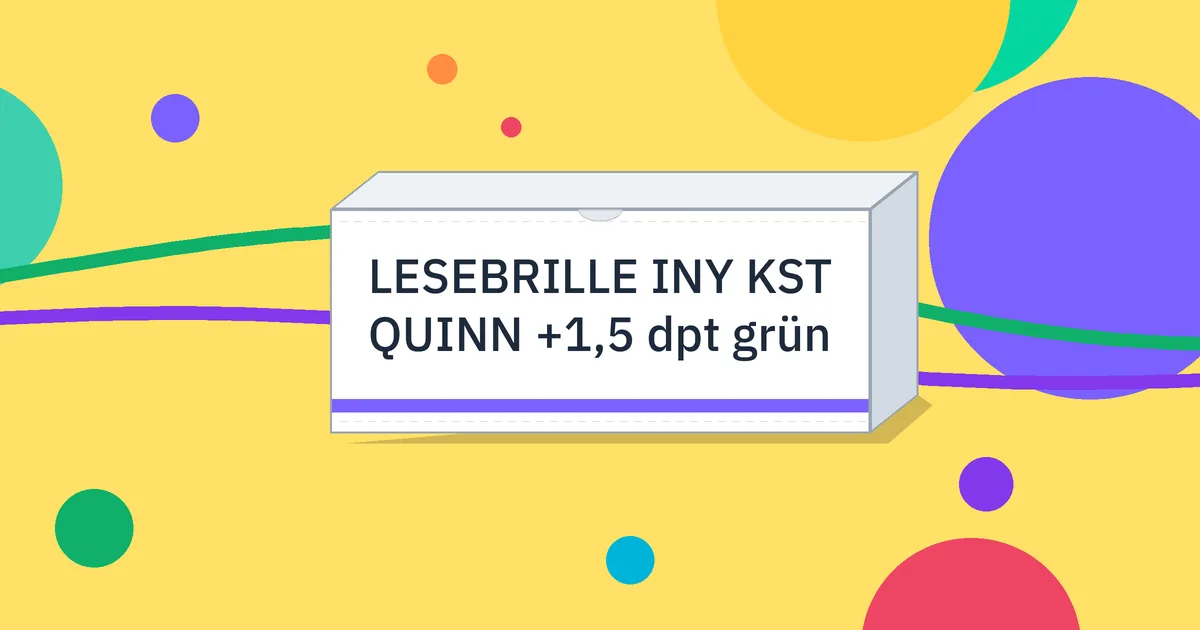 Symbolbild: Packung mit der Aufschrift LESEBRILLE INY KST QUINN +1,5 dpt grün (PZN 19941337) – Verfügbarkeit und Bezug in Apotheken in Frankfurt am Main