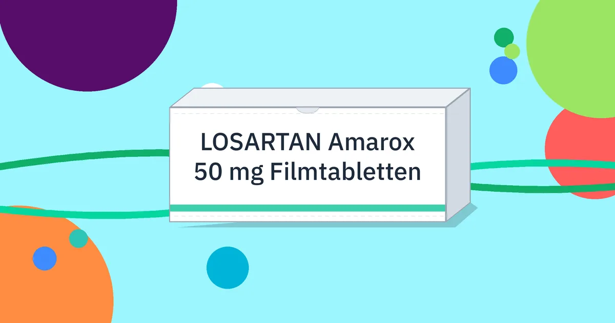 Symbolbild: Packung mit der Aufschrift LOSARTAN Amarox 50 mg Filmtabletten (PZN 18273448) – Verfügbarkeit und Bezug in Apotheken in Frankfurt am Main