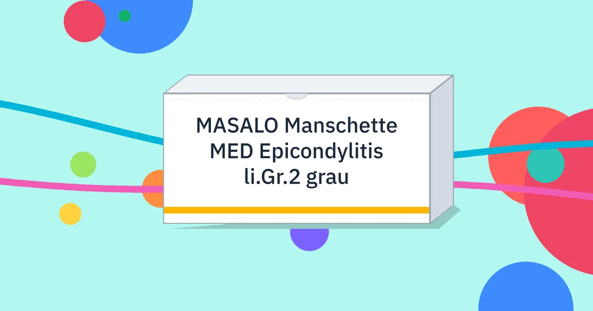 Symbolbild: Packung mit der Aufschrift MASALO Manschette MED Epicondylitis li.Gr.2 grau (PZN 16398335) – Verfügbarkeit und Bezug in Apotheken in Frankfurt am Main