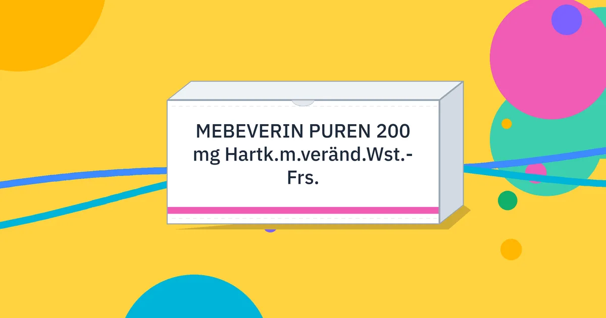 Symbolbild: Packung mit der Aufschrift MEBEVERIN PUREN 200 mg Hartk.m.veränd.Wst.-Frs. (PZN 18769793) – Verfügbarkeit und Bezug in Apotheken in Frankfurt am Main