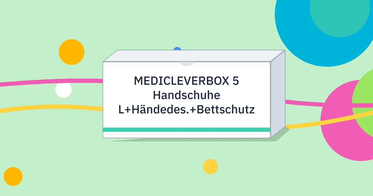 Symbolbild: Packung mit der Aufschrift MEDICLEVERBOX 5 Handschuhe L+Händedes.+Bettschutz (PZN 19053393) – Verfügbarkeit und Bezug in Apotheken in Frankfurt am Main