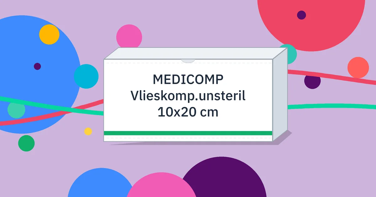 Symbolbild: Packung mit der Aufschrift MEDICOMP Vlieskomp.unsteril 10x20 cm (PZN 12593962) – Verfügbarkeit und Bezug in Apotheken in Frankfurt am Main