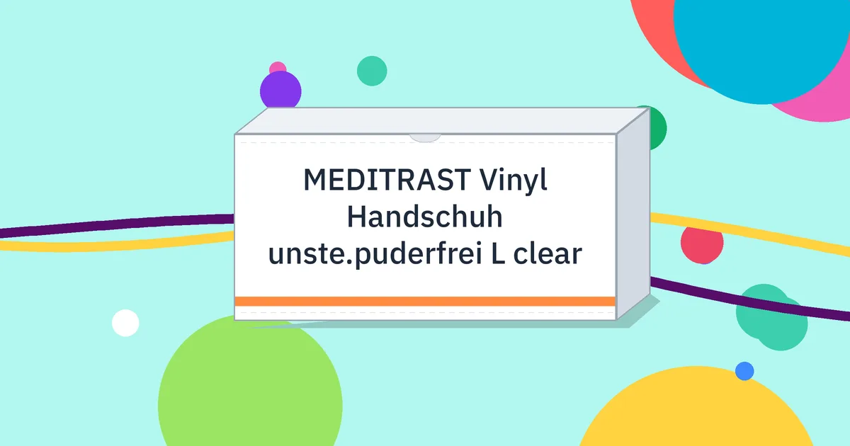 Symbolbild: Packung mit der Aufschrift MEDITRAST Vinyl Handschuh unste.puderfrei L clear (PZN 13511185) – Verfügbarkeit und Bezug in Apotheken in Frankfurt am Main