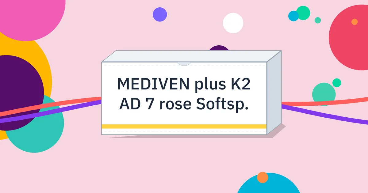 Symbolbild: Packung mit der Aufschrift MEDIVEN plus K2 AD 7 rose Softsp. (PZN 15093214) – Verfügbarkeit und Bezug in Apotheken in Frankfurt am Main