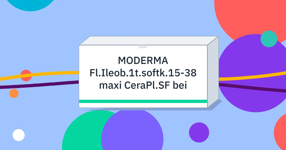 Symbolbild: Packung mit der Aufschrift MODERMA Fl.Ileob.1t.softk.15-38 maxi CeraPl.SF bei (PZN 18108979) – Verfügbarkeit und Bezug in Apotheken in Frankfurt am Main