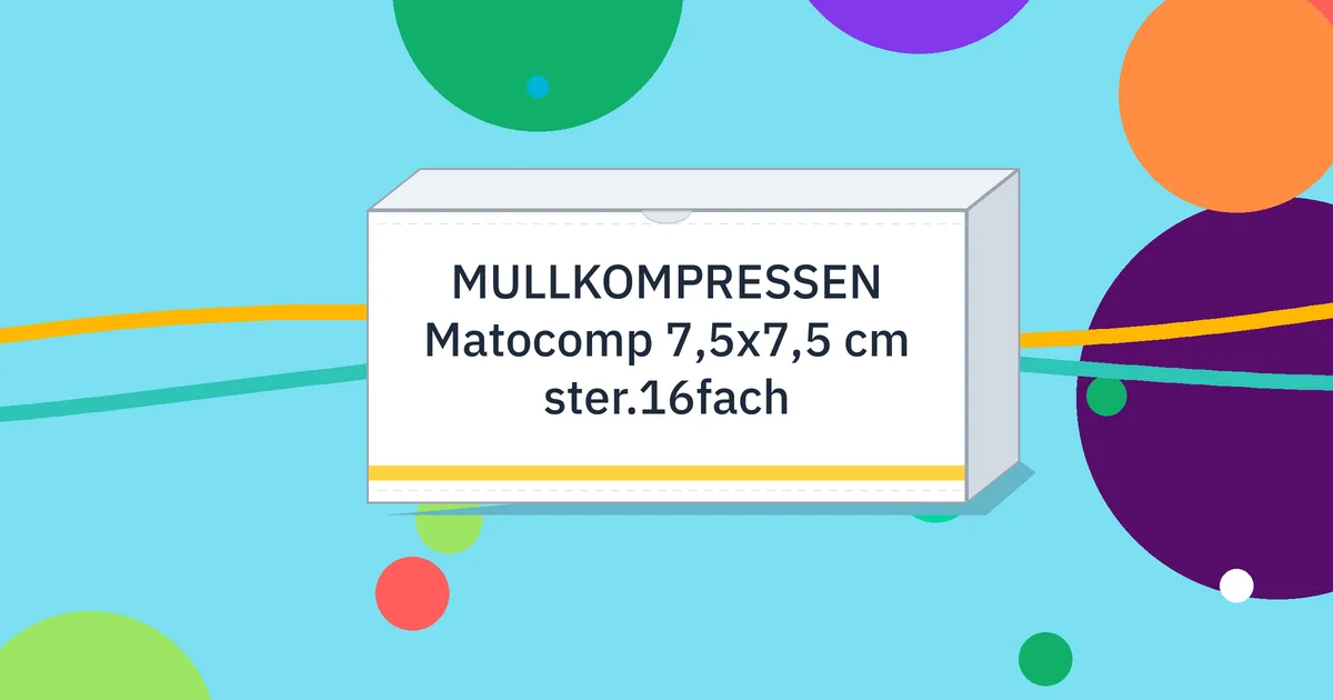 Symbolbild: Packung mit der Aufschrift MULLKOMPRESSEN Matocomp 7,5x7,5 cm ster.16fach (PZN 03377923) – Verfügbarkeit und Bezug in Apotheken in Frankfurt am Main