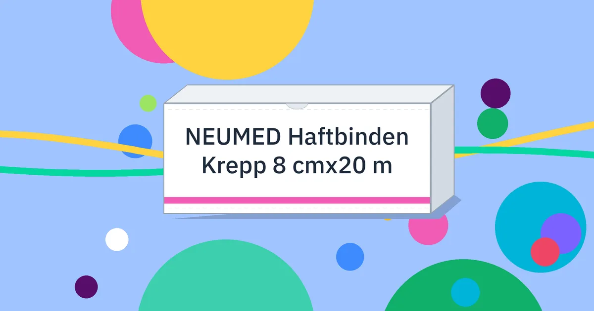 Symbolbild: Packung mit der Aufschrift NEUMED Haftbinden Krepp 8 cmx20 m (PZN 01920412) – Verfügbarkeit und Bezug in Apotheken in Frankfurt am Main