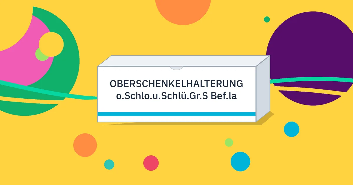 Symbolbild: Packung mit der Aufschrift OBERSCHENKELHALTERUNG o.Schlo.u.Schlü.Gr.S Bef.la (PZN 14298339) – Verfügbarkeit und Bezug in Apotheken in Frankfurt am Main