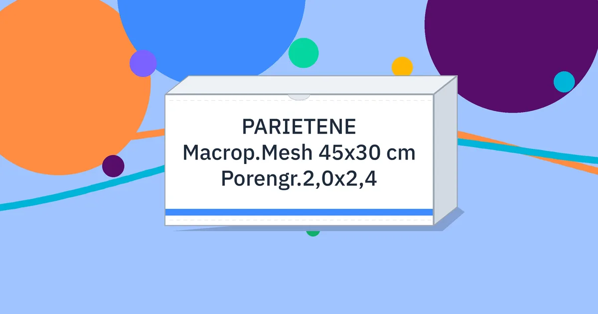 Symbolbild: Packung mit der Aufschrift PARIETENE Macrop.Mesh 45x30 cm Porengr.2,0x2,4 (PZN 11314687) – Verfügbarkeit und Bezug in Apotheken in Frankfurt am Main