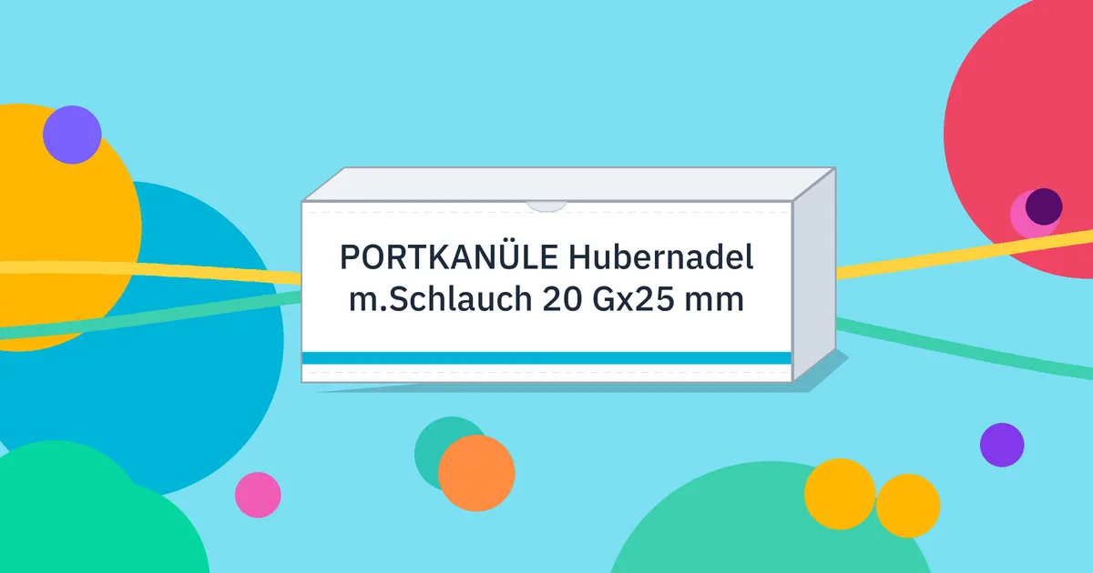 Symbolbild: Packung mit der Aufschrift PORTKANÜLE Hubernadel m.Schlauch 20 Gx25 mm (PZN 12497767) – Verfügbarkeit und Bezug in Apotheken in Frankfurt am Main