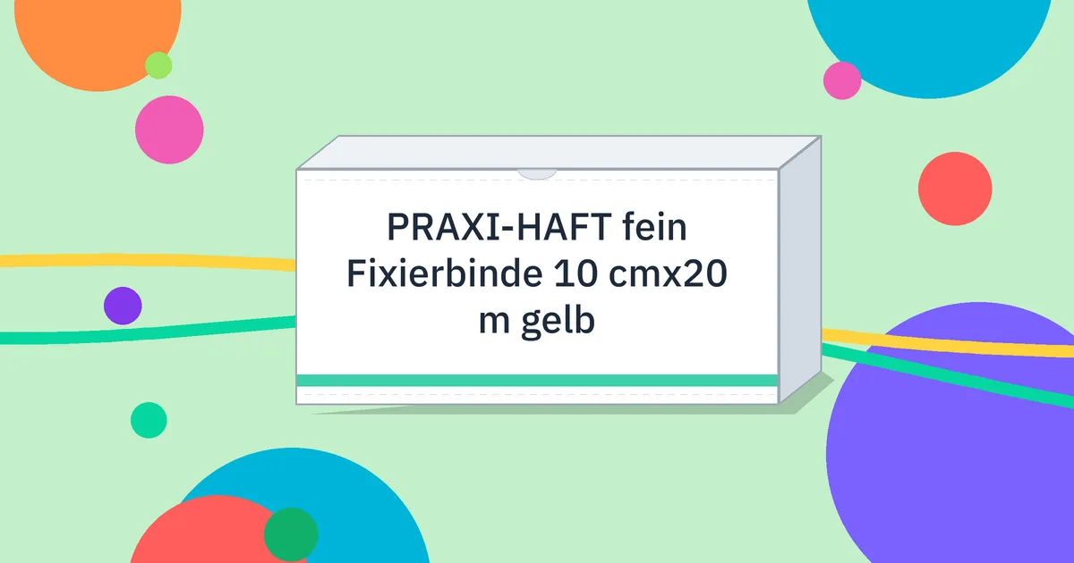 Symbolbild: Packung mit der Aufschrift PRAXI-HAFT fein Fixierbinde 10 cmx20 m gelb (PZN 12826099) – Verfügbarkeit und Bezug in Apotheken in Frankfurt am Main