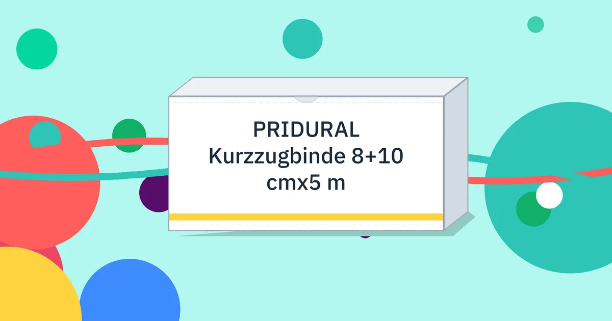 Symbolbild: Packung mit der Aufschrift PRIDURAL Kurzzugbinde 8+10 cmx5 m (PZN 04633558) – Verfügbarkeit und Bezug in Apotheken in Frankfurt am Main