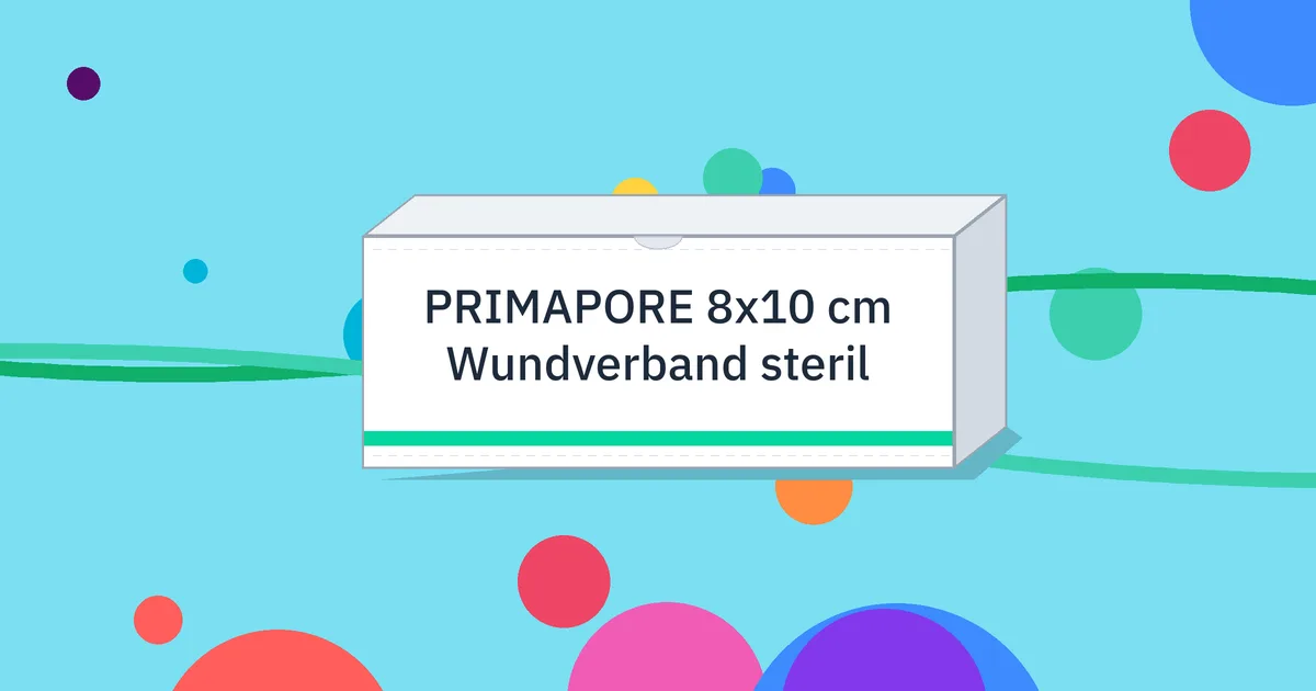 Symbolbild: Packung mit der Aufschrift PRIMAPORE 8x10 cm Wundverband steril (PZN 13820207) – Verfügbarkeit und Bezug in Apotheken in Frankfurt am Main