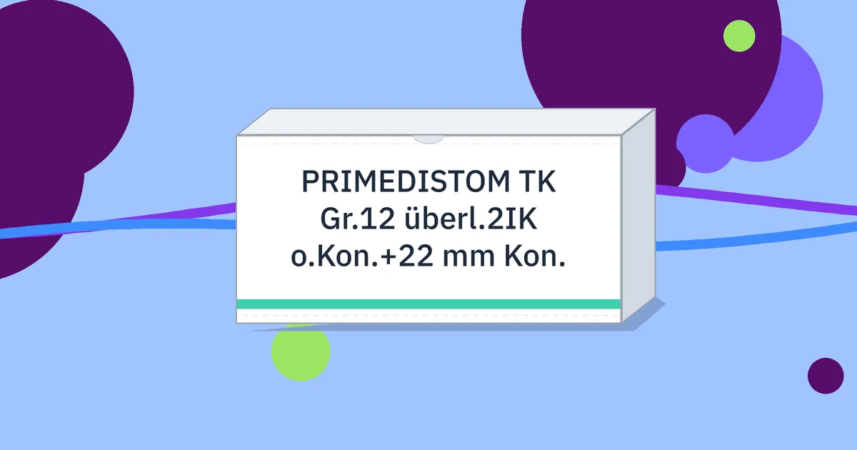 Symbolbild: Packung mit der Aufschrift PRIMEDISTOM TK Gr.12 überl.2IK o.Kon.+22 mm Kon. (PZN 10266383) – Verfügbarkeit und Bezug in Apotheken in Frankfurt am Main