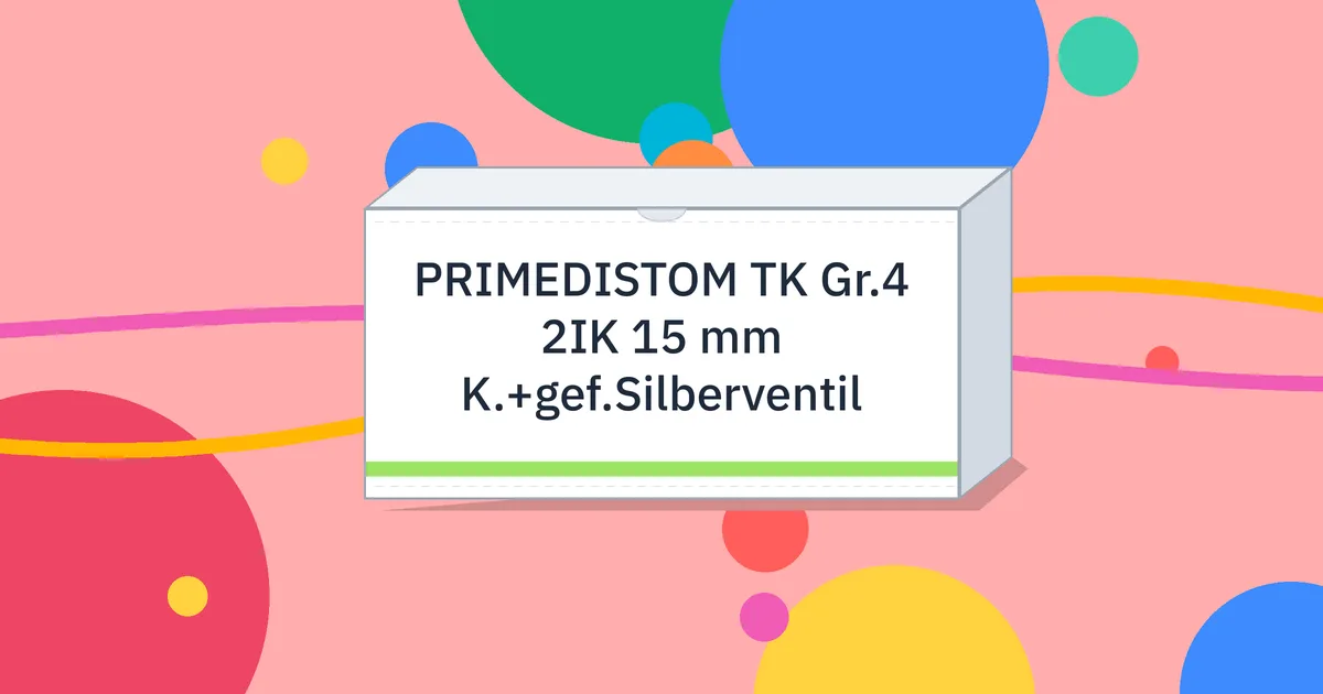 Symbolbild: Packung mit der Aufschrift PRIMEDISTOM TK Gr.4 2IK 15 mm K.+gef.Silberventil (PZN 10230043) – Verfügbarkeit und Bezug in Apotheken in Frankfurt am Main