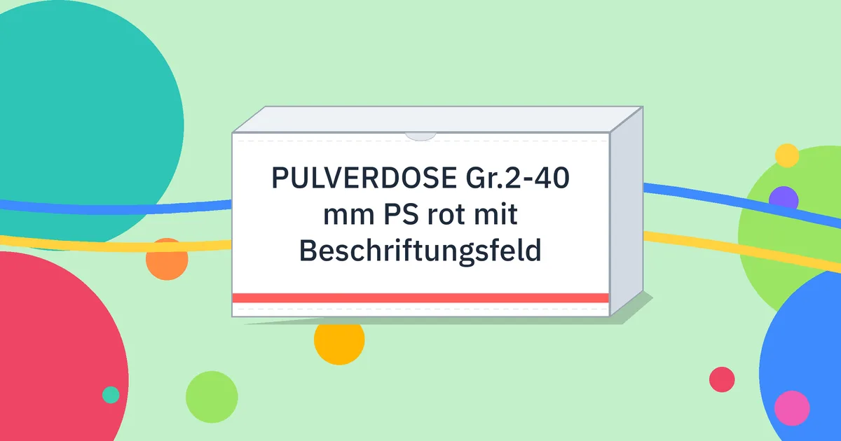 Symbolbild: Packung mit der Aufschrift PULVERDOSE Gr.2-40 mm PS rot mit Beschriftungsfeld (PZN 18187789) – Verfügbarkeit und Bezug in Apotheken in Frankfurt am Main